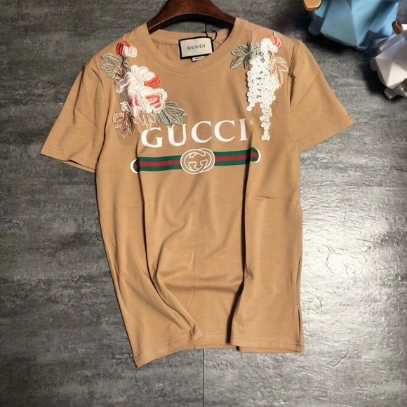 Gucci | Tops | Gucci Tops Gucci Logo Floral T Shirt Unisex S Tan Brown ...